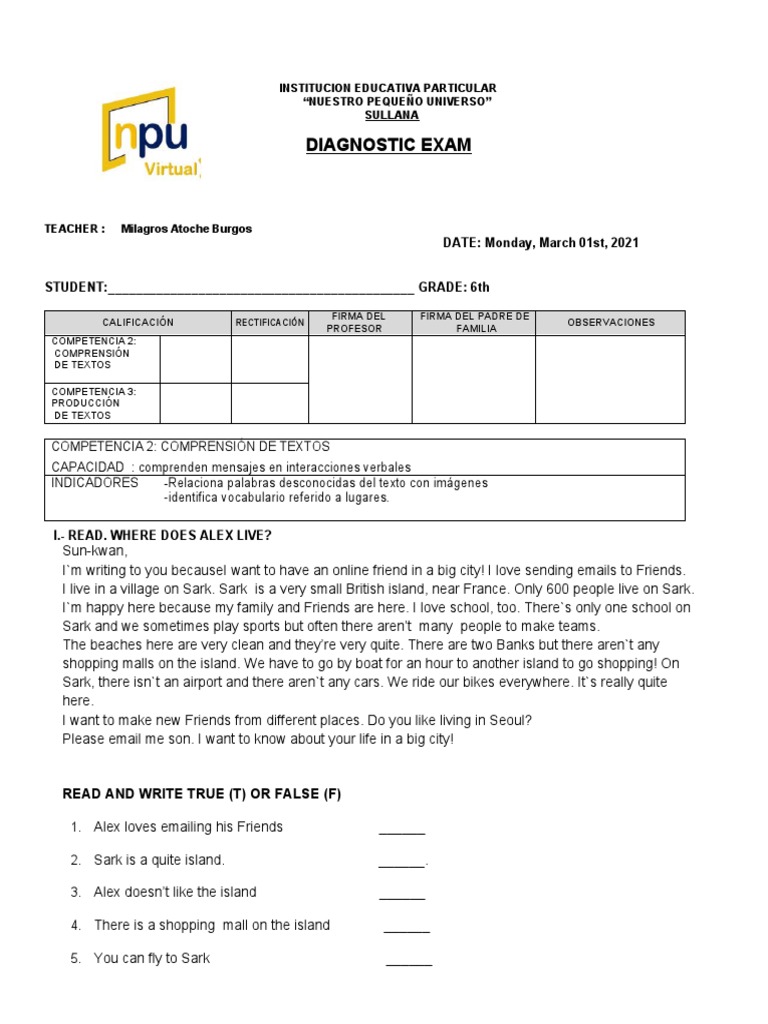 Diagnostic Exam 6to Grado | PDF | Retailing