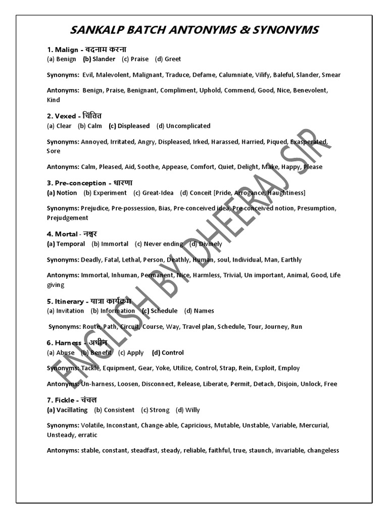 Sankalp Batch Antonyms & Synonyms | PDF