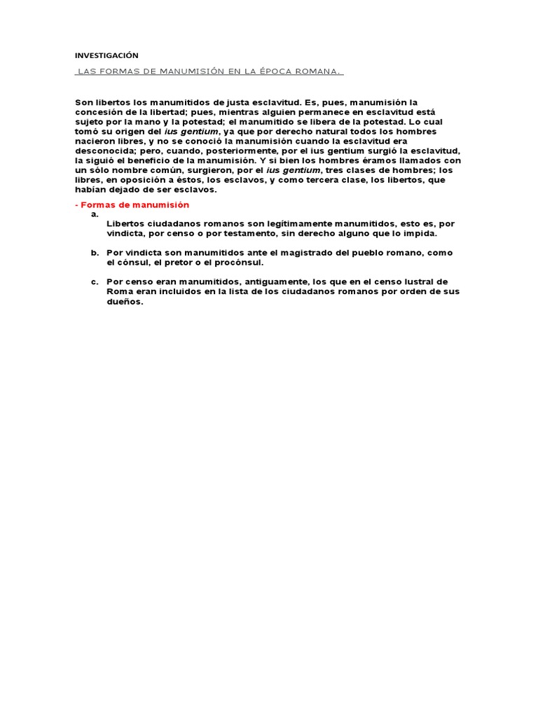 Las Formas de Manumisión en La Época Romana | PDF