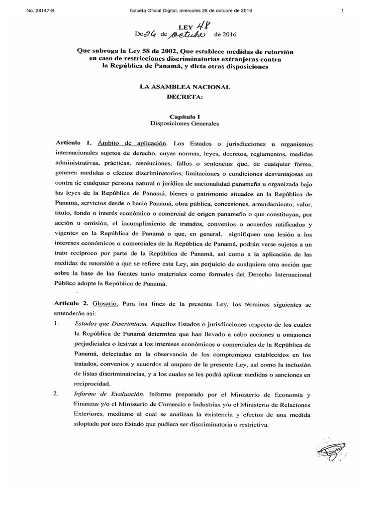 Ley de Retorsion - Ley 48 de 2016 - Medidas de Retorsion PDF | PDF