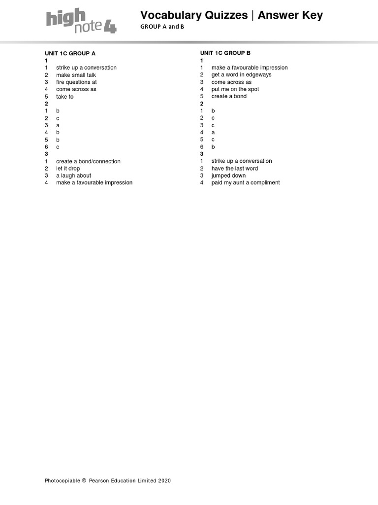 HighNote4_Vocabulary_Quiz_Unit01C_GroupA_B_ANSWERS | PDF