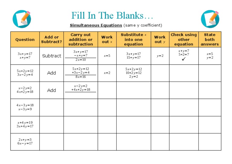 Simultaneous Equations Same y Coefficient Fill in The Blanks | PDF