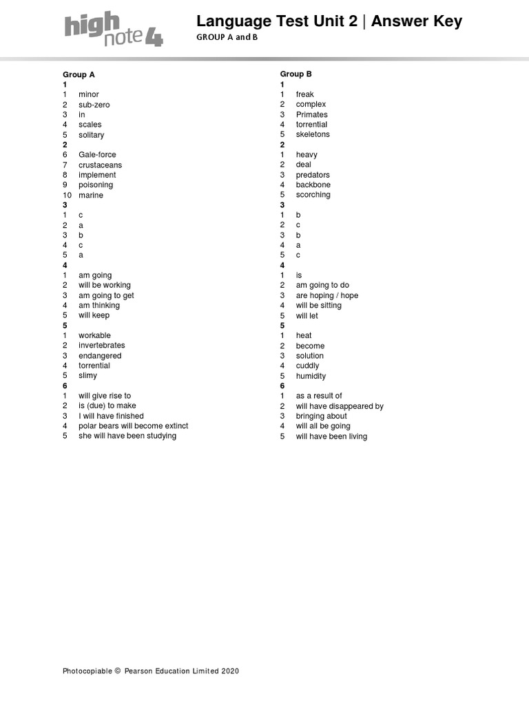 HighNote4 Unit Language Test Unit02 GroupA B ANSWERS PDF | PDF