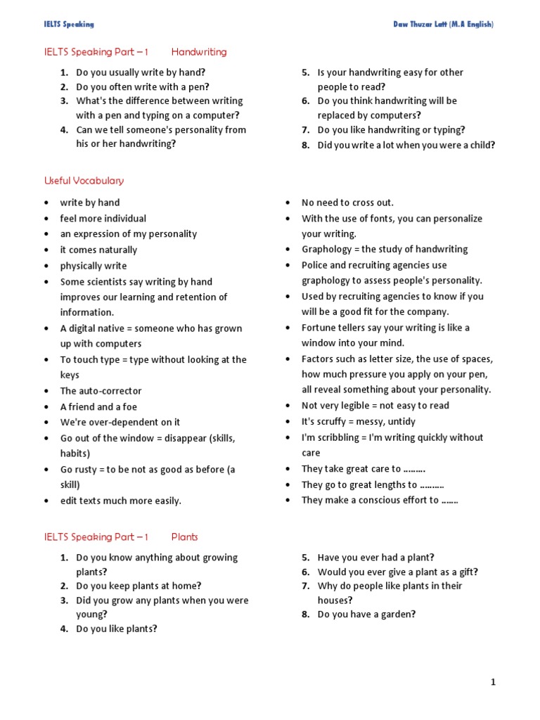 Week 3 Speaking Practice - Handwriting and Plants | PDF | Self-Improvement