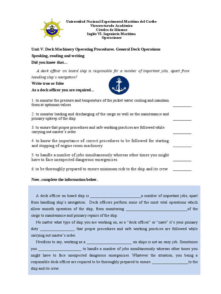 Unit V. Deck Machinery Operating Procedures (Revisado) - 1 PDF | PDF ...