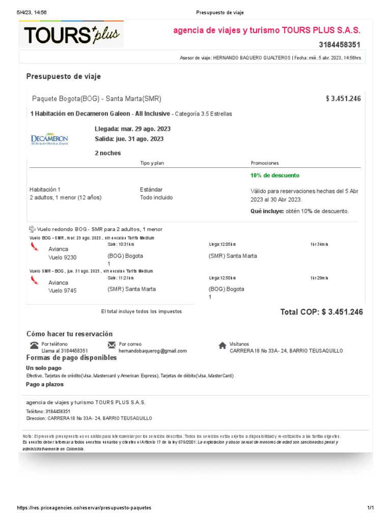 Presupuesto de Viaje Bogota - Santa Marta Todo Incluido PDF | PDF