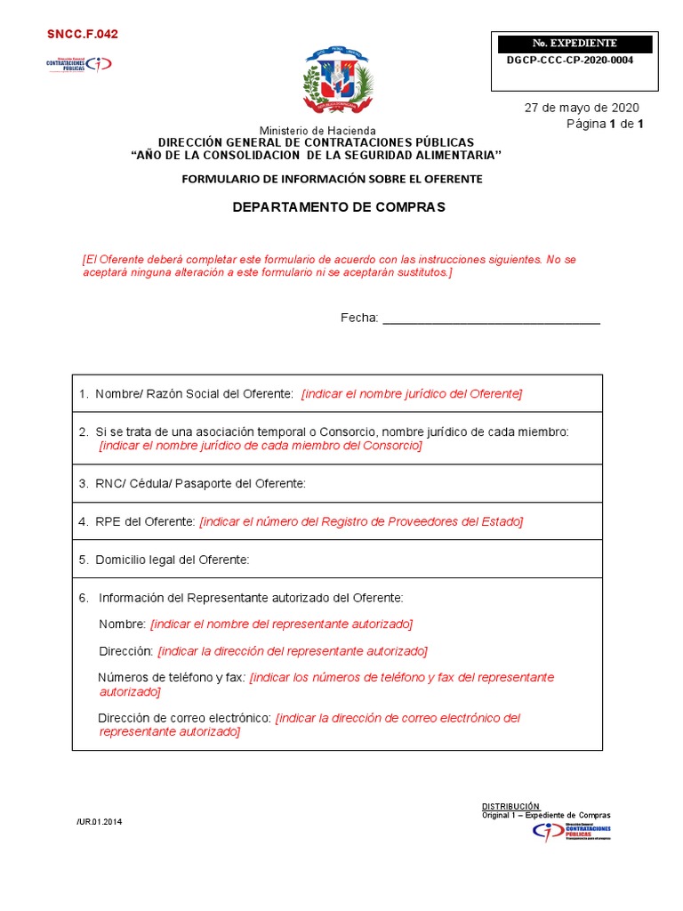 Formulario de Información Sobre El Oferente (SNCC.F.042) | PDF ...