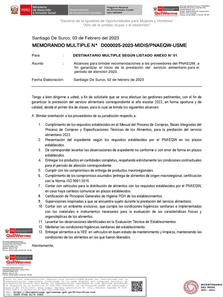 Memorando Multiple-000025-2023-Usme-Para Proveedores PDF | PDF