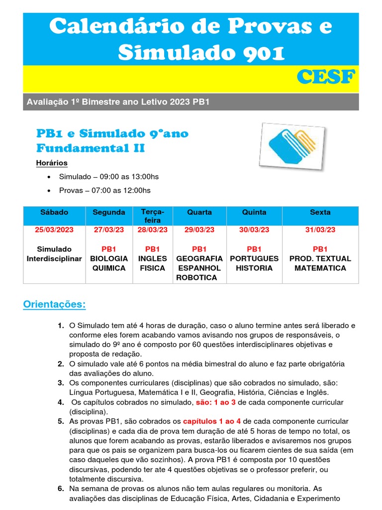 Calendário de Provas e Simulado PB1 901 PDF | PDF | Science | Imagem