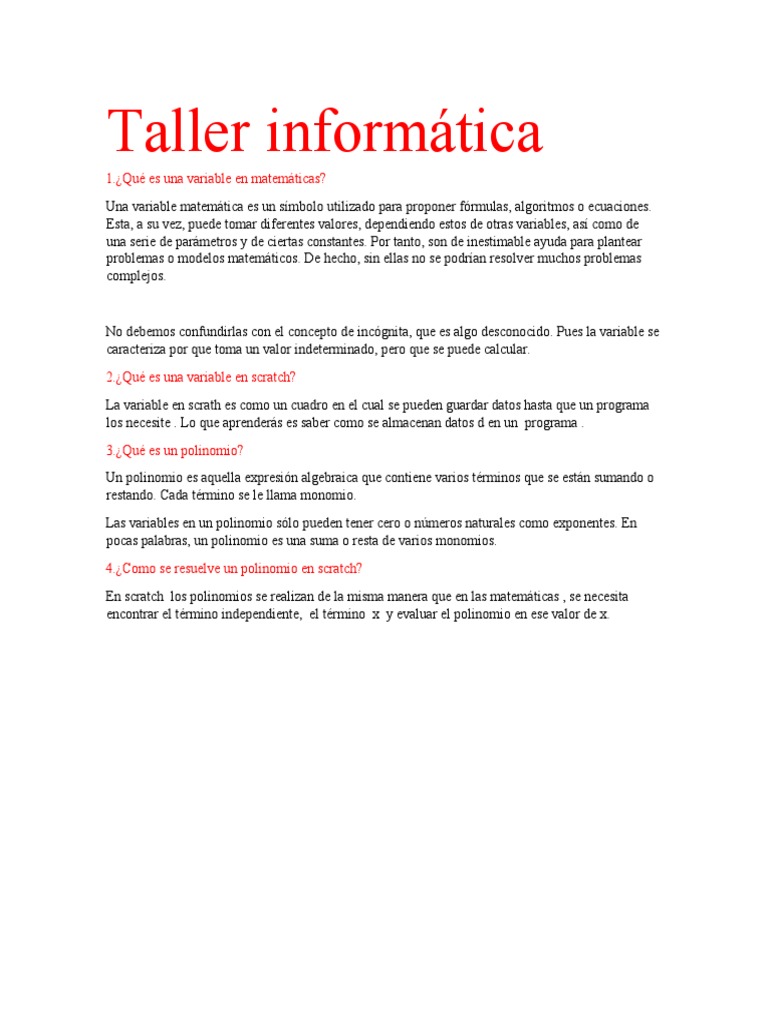 Taller Informática 1¿qué Es Una Variable En Matemáticas Pdf 