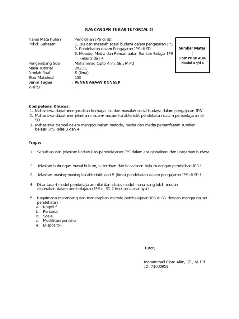 RANCANGAN TUGAS TUTORIAL II Penddk IPS SD | PDF | Karier & Perkembangan | Ilmu Sosial