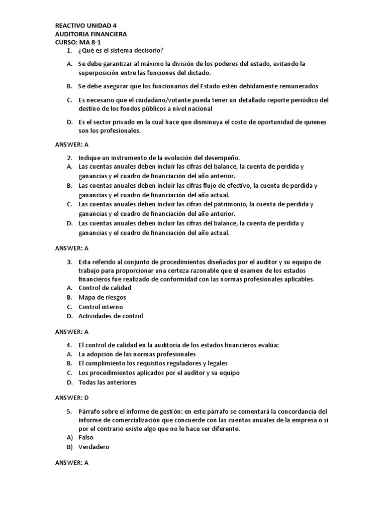 Reactivos Unidad 4 - Auditoria Financiera | PDF
