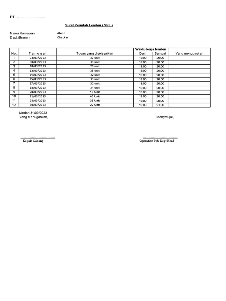 Rekap Lembur Dan SPL Mar 2023 | PDF
