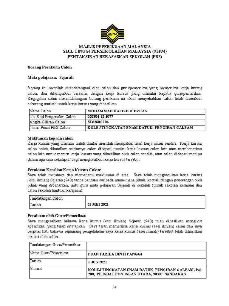 6 Borang Perakuan Calon | PDF