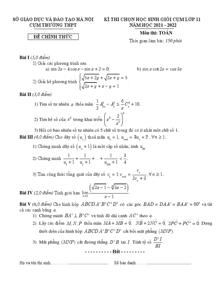 24 K11 Hanoi 2021 2022 PDF | PDF