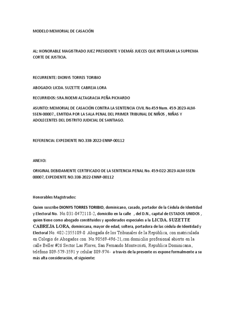 Memorial de Casación: Caso Dionys Torres | PDF | Sentencia (ley) | Justicia