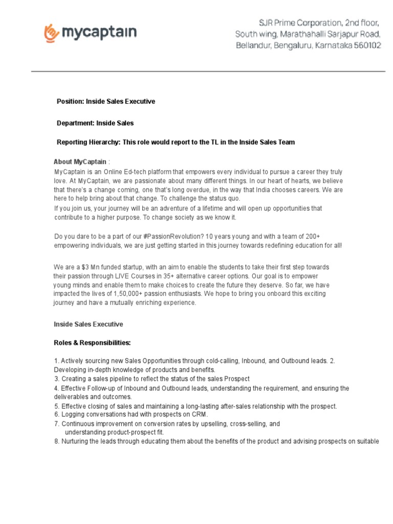 Inside Sales Executive at MyCaptain | PDF | Sales | Negotiation