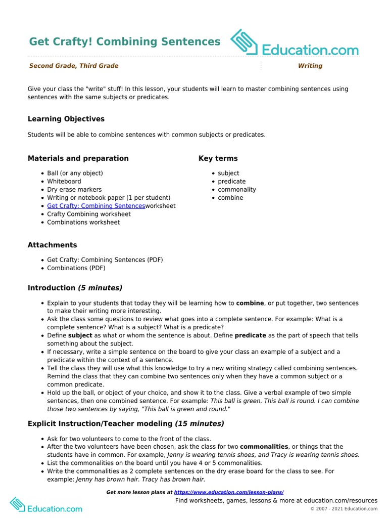 Get Crafty! Combining Sentences: Learning Objectives | PDF | Subject ...