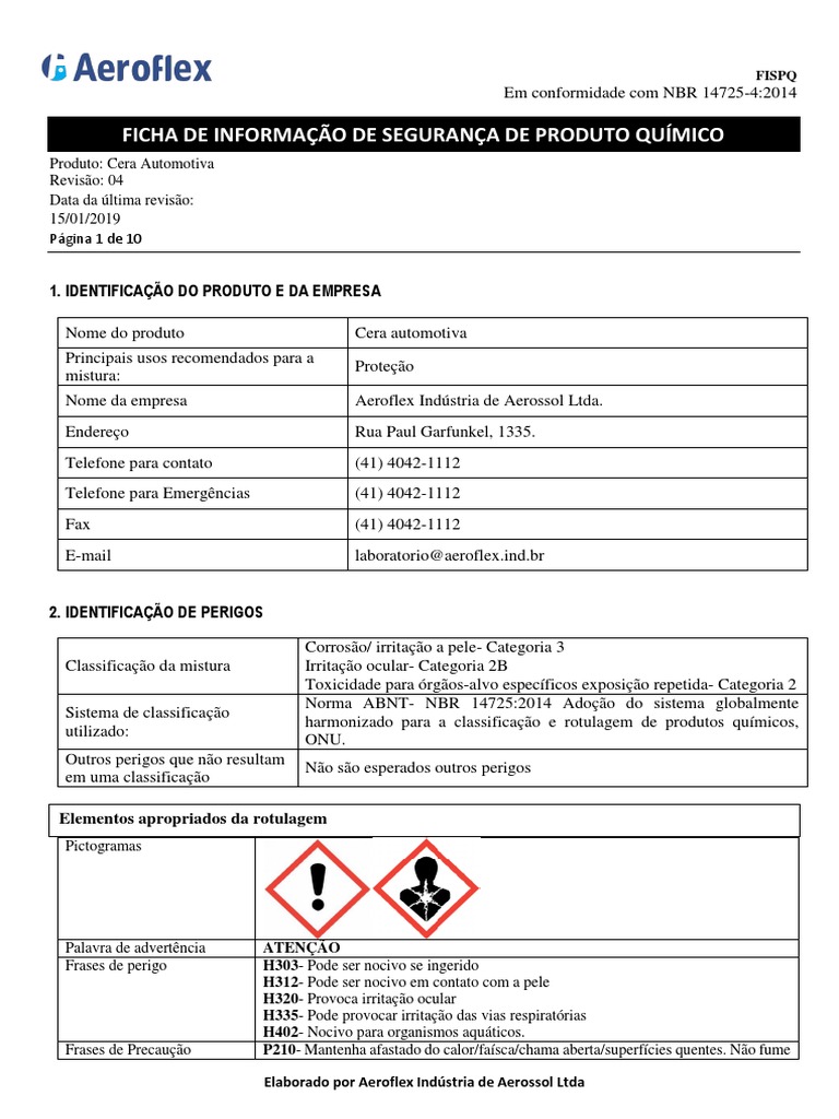 FISPQ Cera Automotiva PDF | PDF | Embalagem e rotulagem | Desperdício
