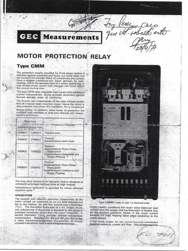 GEC-Motor Protection Relay - Protección Por Corriente Soplador PDF | PDF