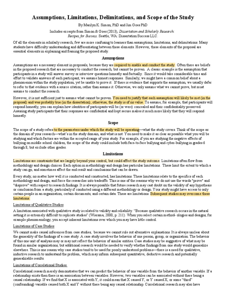 Assumptions, Limitations, Delimitations, and Scope of the Study (1 ...