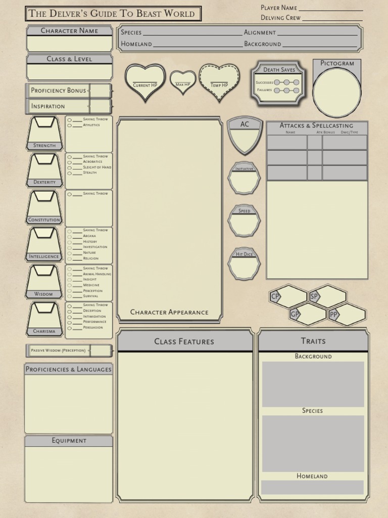 Beast World Character Sheet Form Fillable PDF | PDF