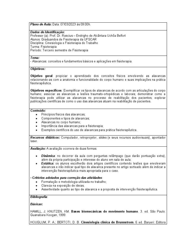 UFSCAR X PLANO DE AULA Rascius - Edital N. 002-2023 - Plano de Aula | PDF