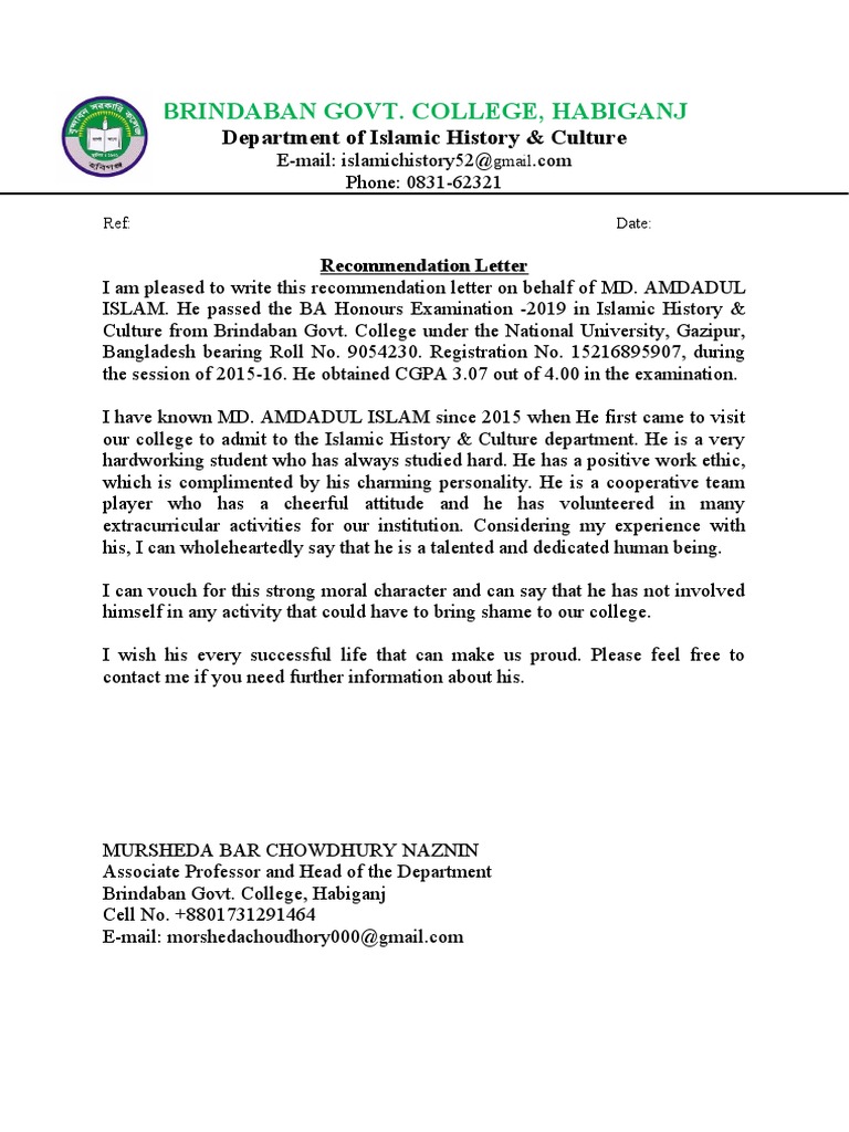 Recommendation Letter Of Department.docx | PDF