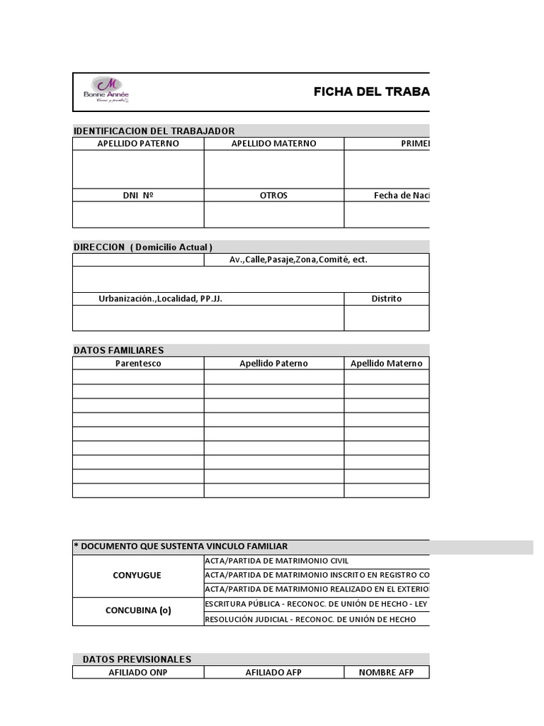 Modelo de Ficha Del Trabajador | PDF