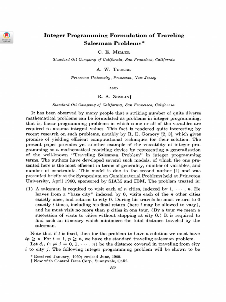 Miller, C. E., A. W. Tucker, and R. A. Zemlin. 1960. "Integer Programming Formulation of ...