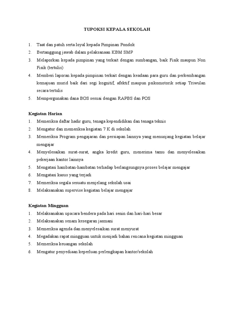 Tupoksi Kepala Sekolah.docx | PDF