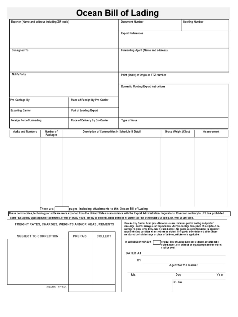 Sample Ocean Bill of Lading Template | PDF | Bill Of Lading | Cargo