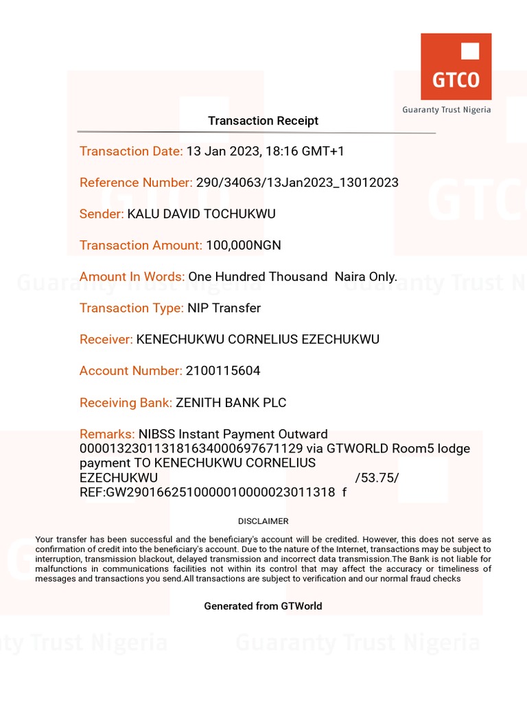 NIP Transfer Receipt 100,000NGN | PDF | Business