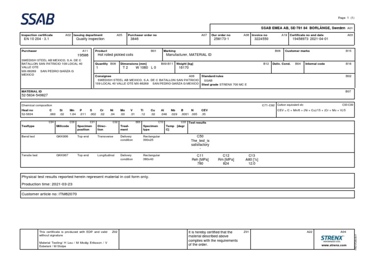 Ssab Emea Ab, Se-781 84 Borlänge, Sweden: Carbon Equivalent Etc C93-C99 | PDF