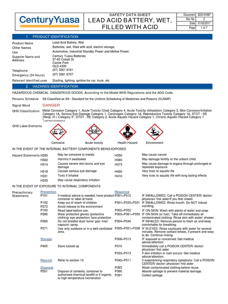 Lead Acid Battery Safety Data Sheet | PDF
