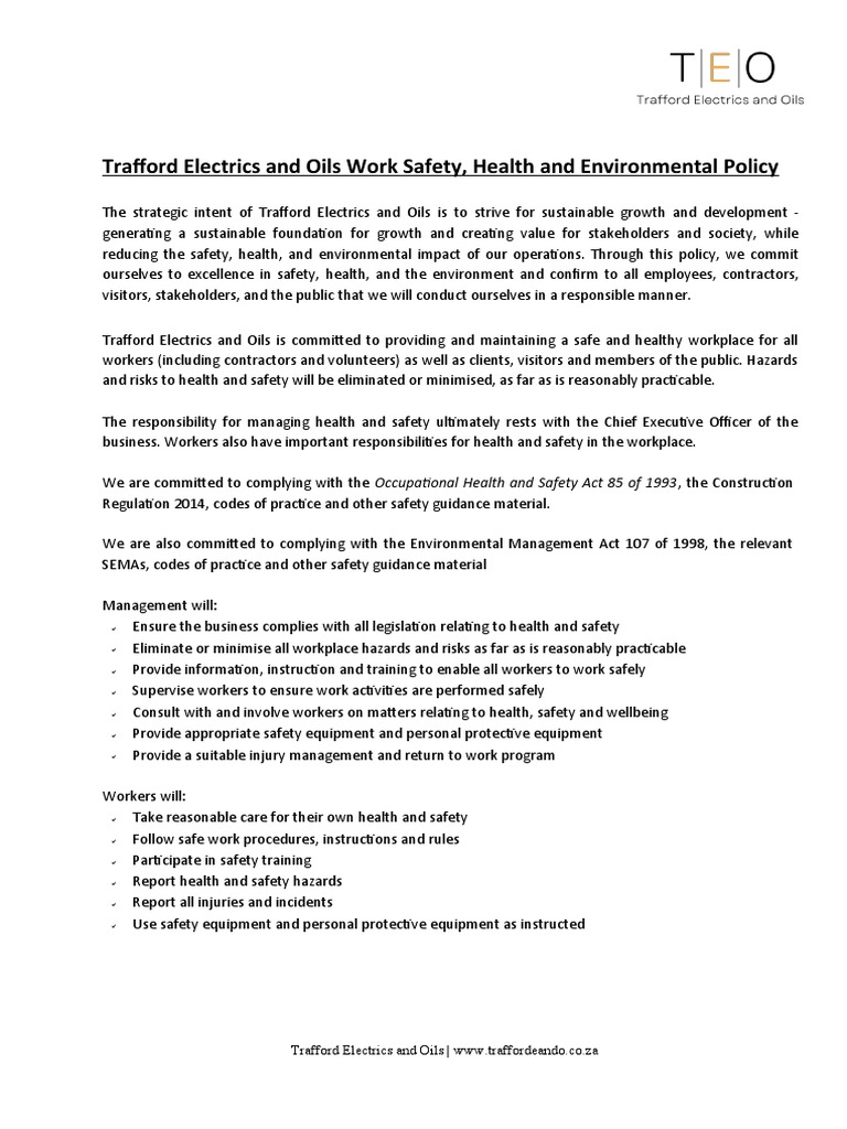 Trafford Electrics and Oils Safety, Health & Environmental Policy | PDF