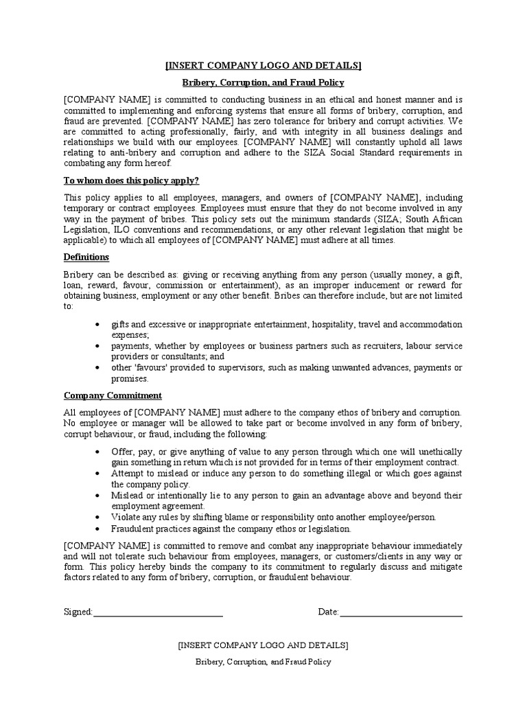 Company Bribery and Corruption Policy Template | PDF | Bribery | Corruption