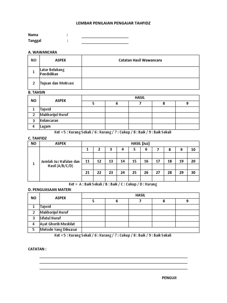 Format Penilaian Ujian Tahfidz | PDF