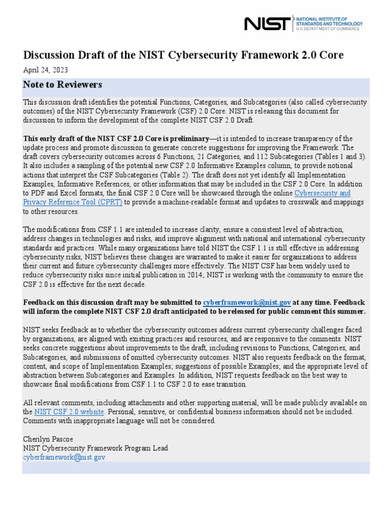 NIST Cybersecurity Framework 2.0 Draft | PDF