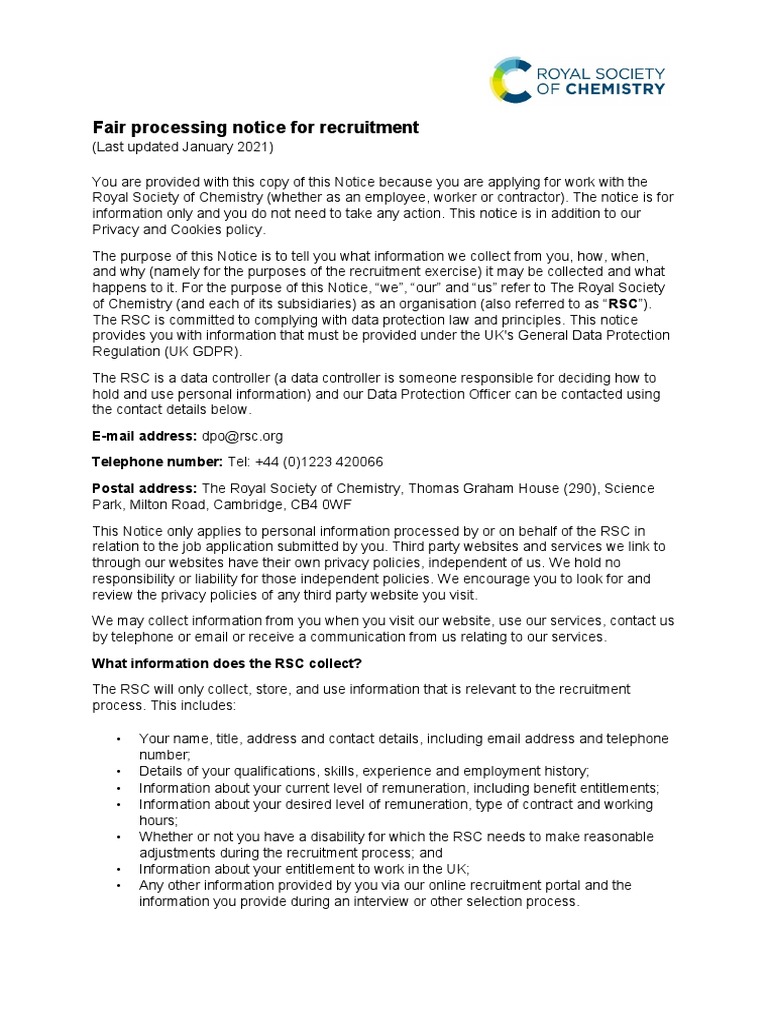 RSC Fair Processing Notice For Recruitment PDF | PDF