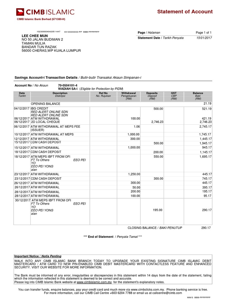 LEE CHEE MUN CIMB Statement DEC PDF | PDF