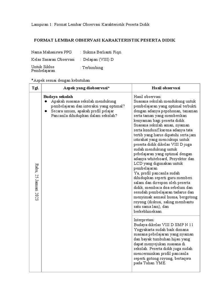 Format Lembar Observasi Karakteristik Peserta Didik 8D | PDF