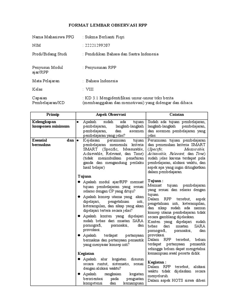 Format Lembar Observasi RPP.docx | PDF