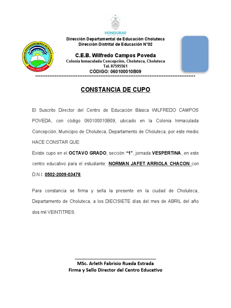 Constancia de Cupo | PDF