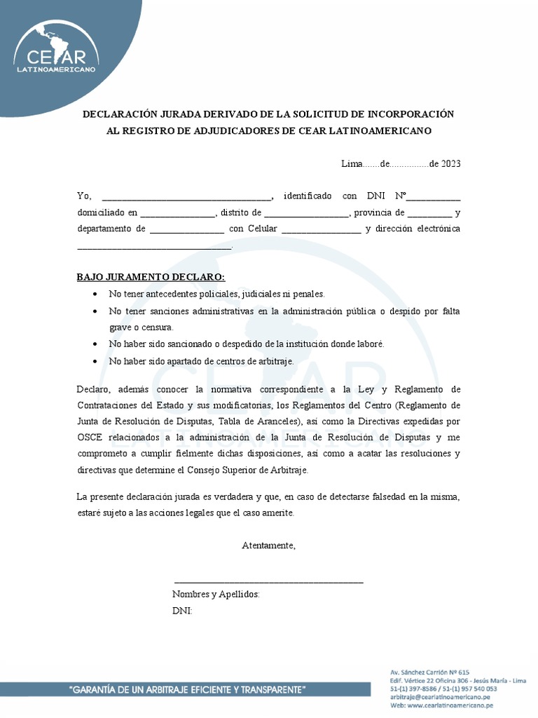 Declaración Jurada Solicitud de Incorporación A La Nómina de Adjudicadores CEAR | PDF