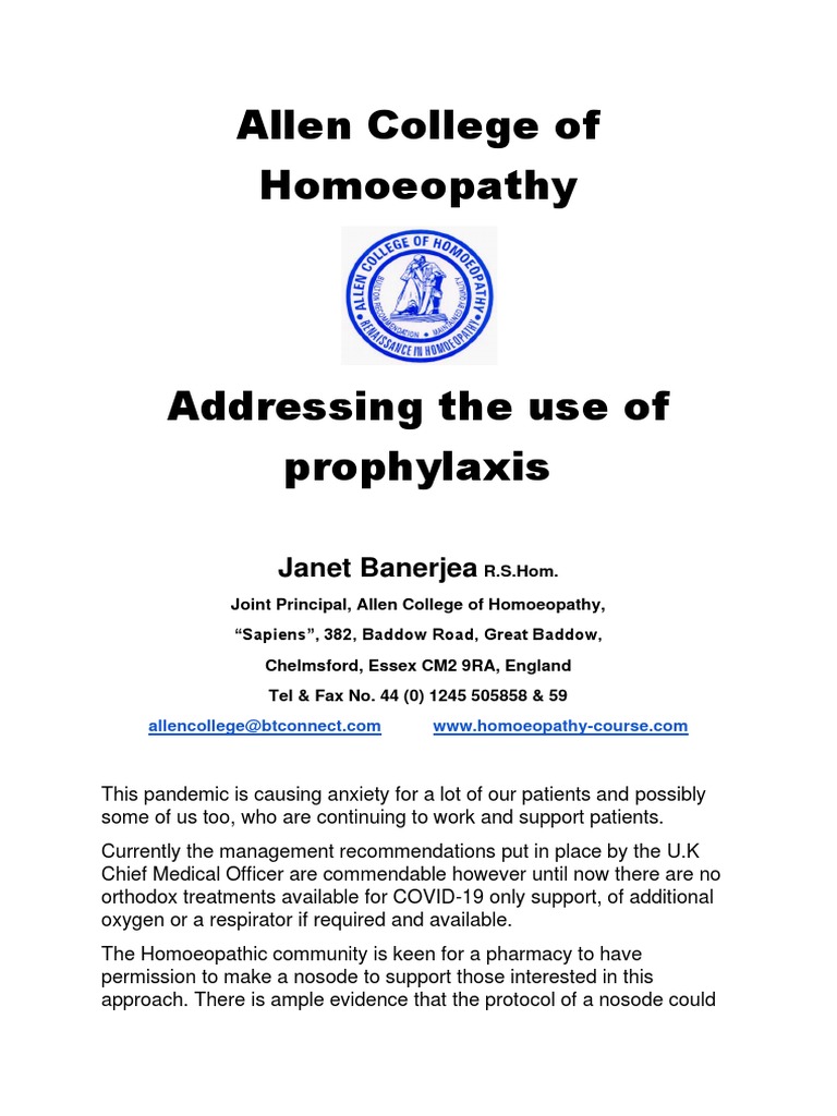 Allen College Homoeopathy Addressing Use of Prophylaxis | PDF