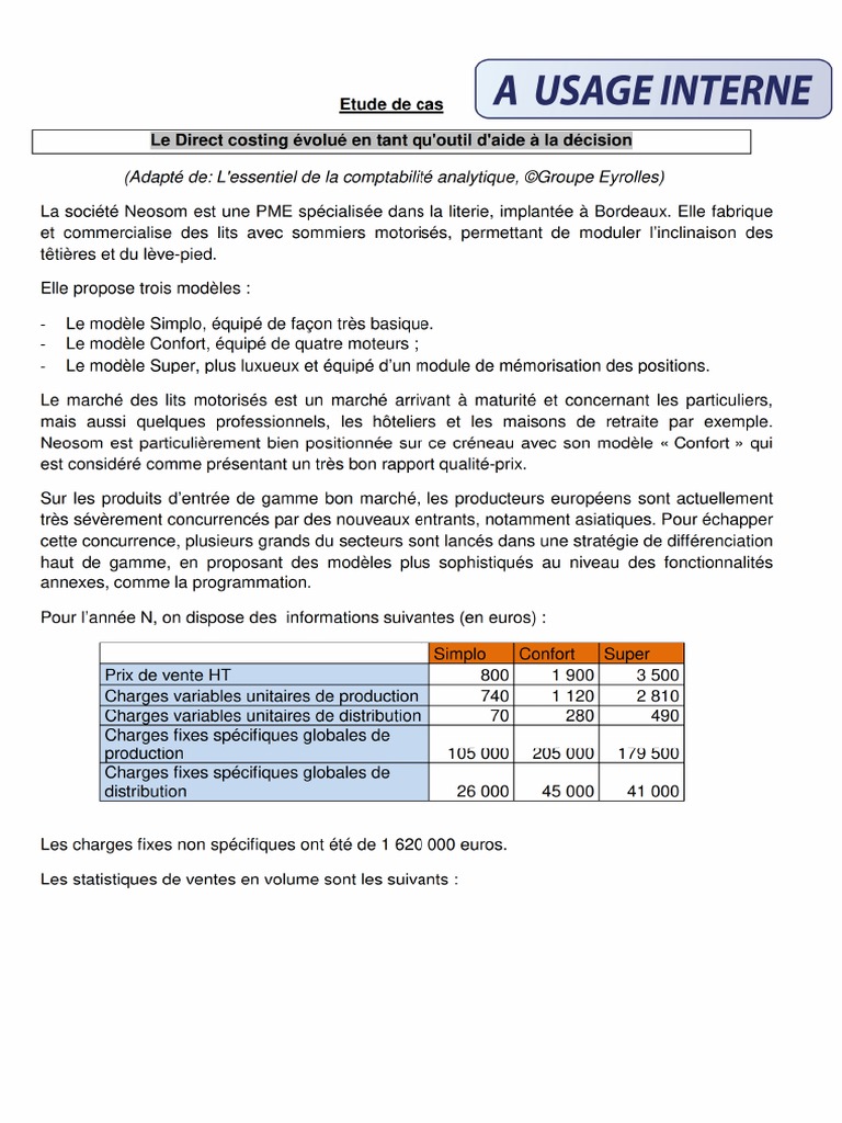3.etude de Cas Direct Costing Évolué PDF | PDF