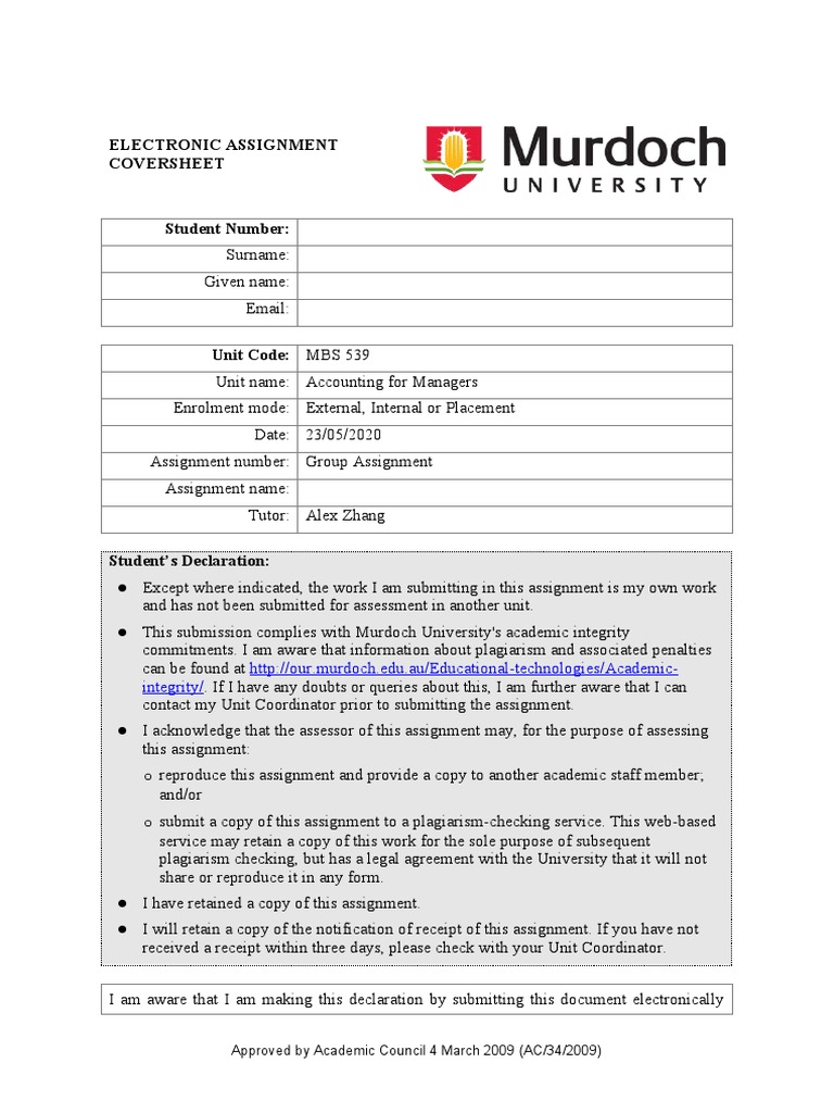 MBS 539 Assignment Coversheet | PDF | Finance & Money Management