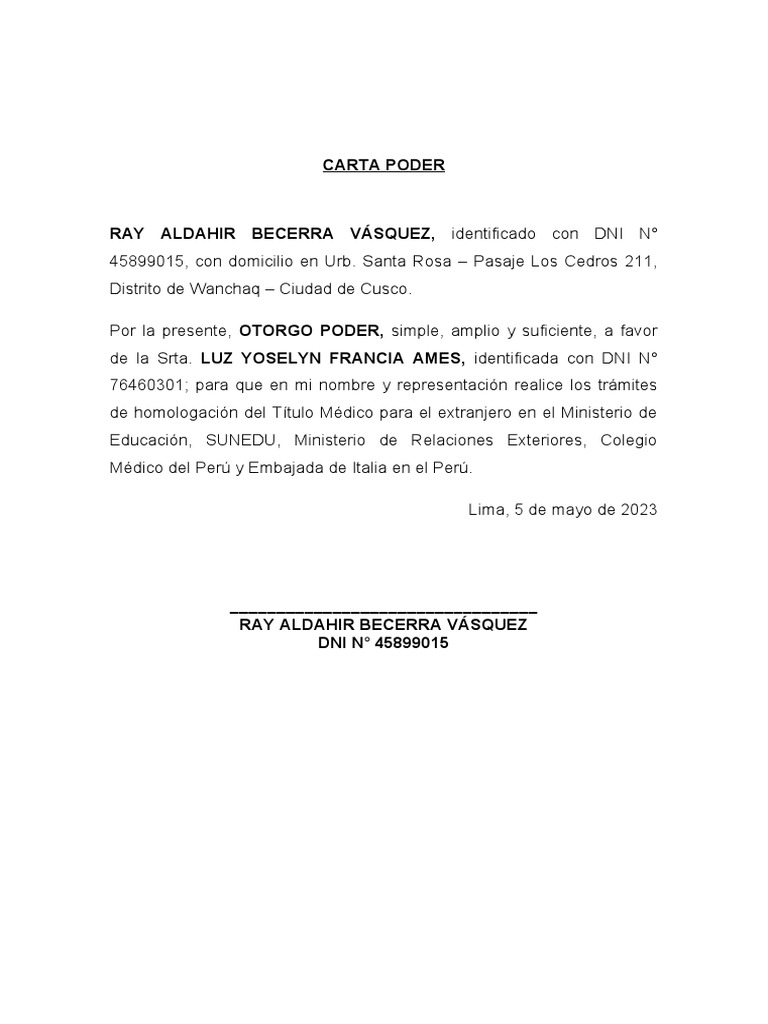 Carta Poder de Ray Becerra a Luz Ames | PDF