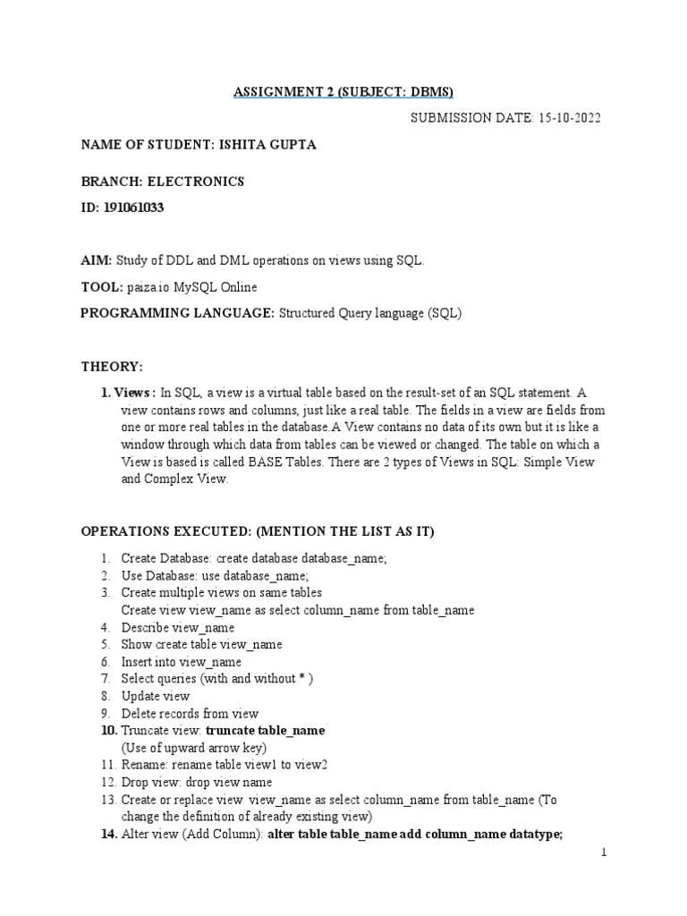 Assignment 2 Study of DDL and DML Operations On Views - 191061060 | Download Free PDF ...